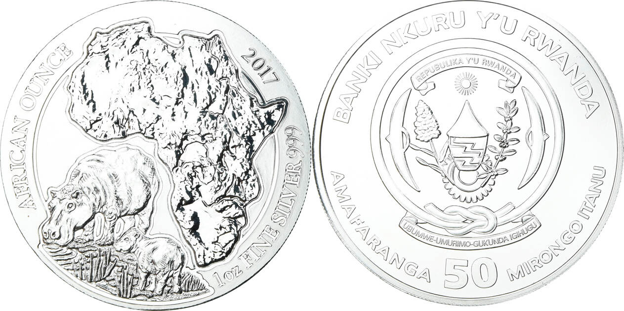 Rwanda 50 amafaranga, 1 Oz 2021 Coin, Hippopotamus, BE, Silver MS(65-70 ...