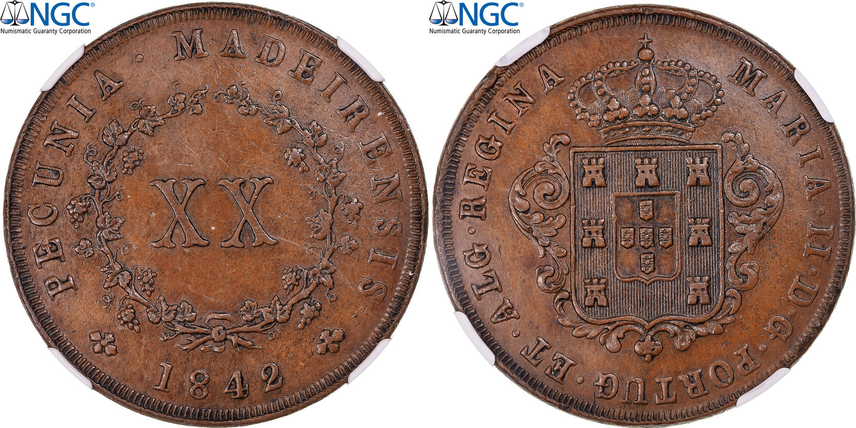 20 Reis 1842 Lisbon Madeira Islands, Maria II, Lisbon, Copper, NGC, KM ...