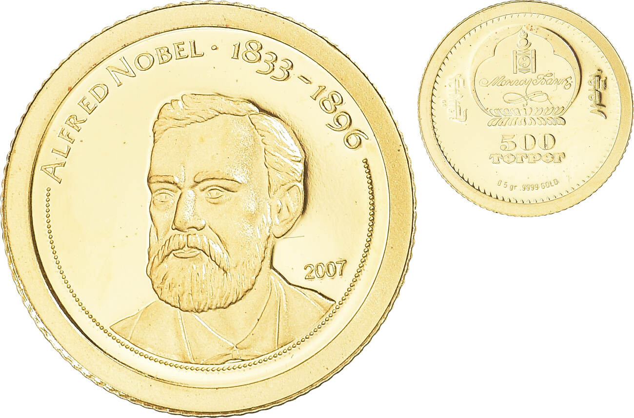 Mongolia 500 Tögrög Coin, Alfred Nobel, Gold MS(65-70) | MA-Shops