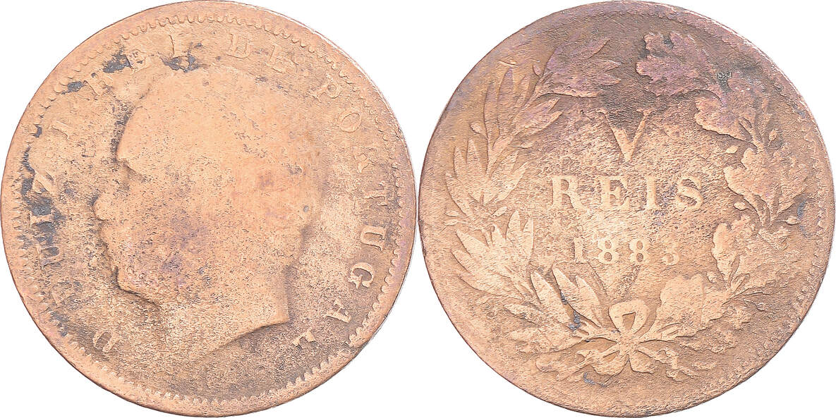 Portugal 5 Reis 1883 Coin, Louis I, Copper VF(20-25) | MA-Shops