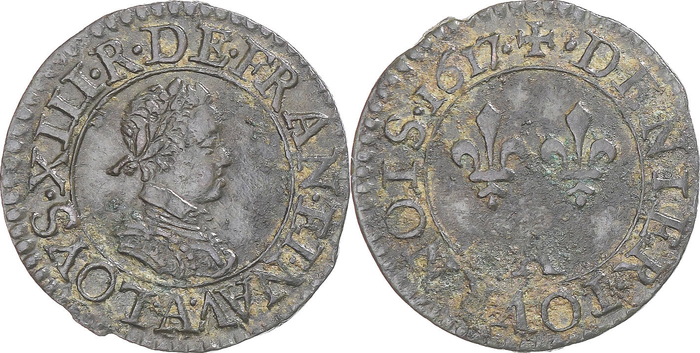 France Denier Tournois 1617 Paris Coin, Louis XIII, Paris, Copper AU(50 ...