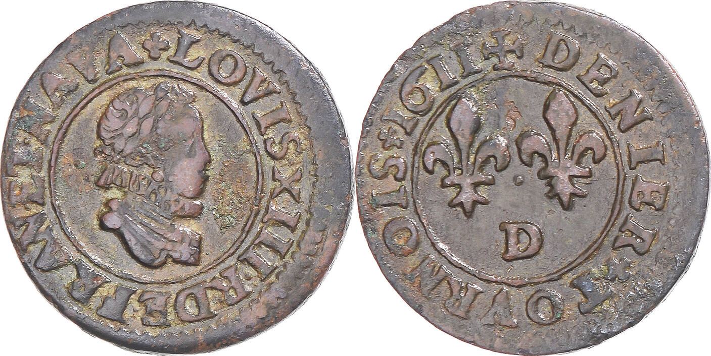 France Denier Tournois 1611 Lyon Coin, Louis XIII, Lyon, Copper EF(40 ...