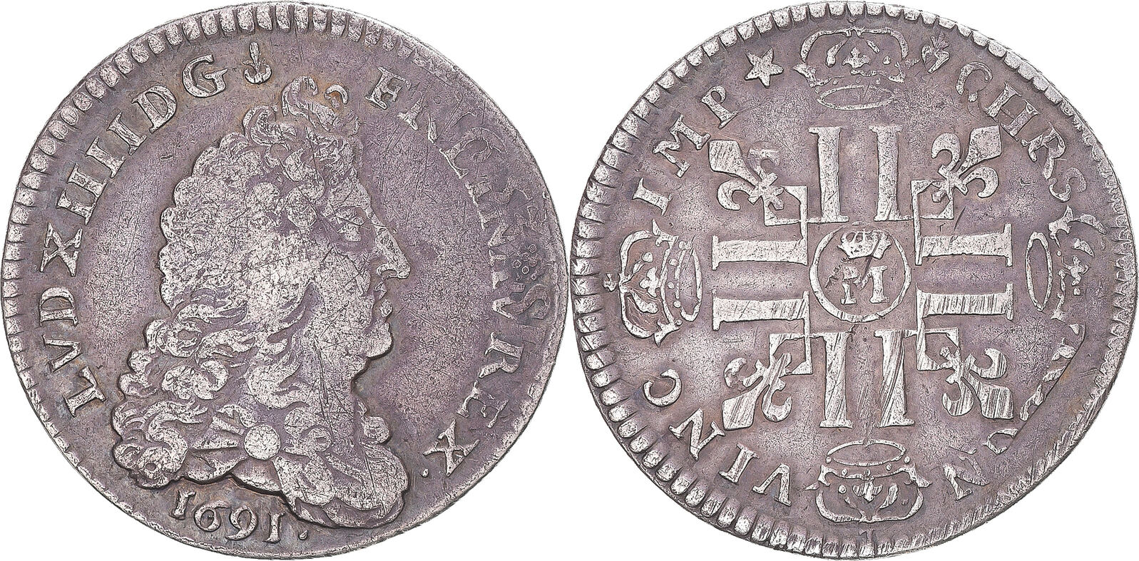 France 1/4 Ecu aux 8 L 1691 Metz Coin, Louis XIV, Metz, réformé VF(30 ...
