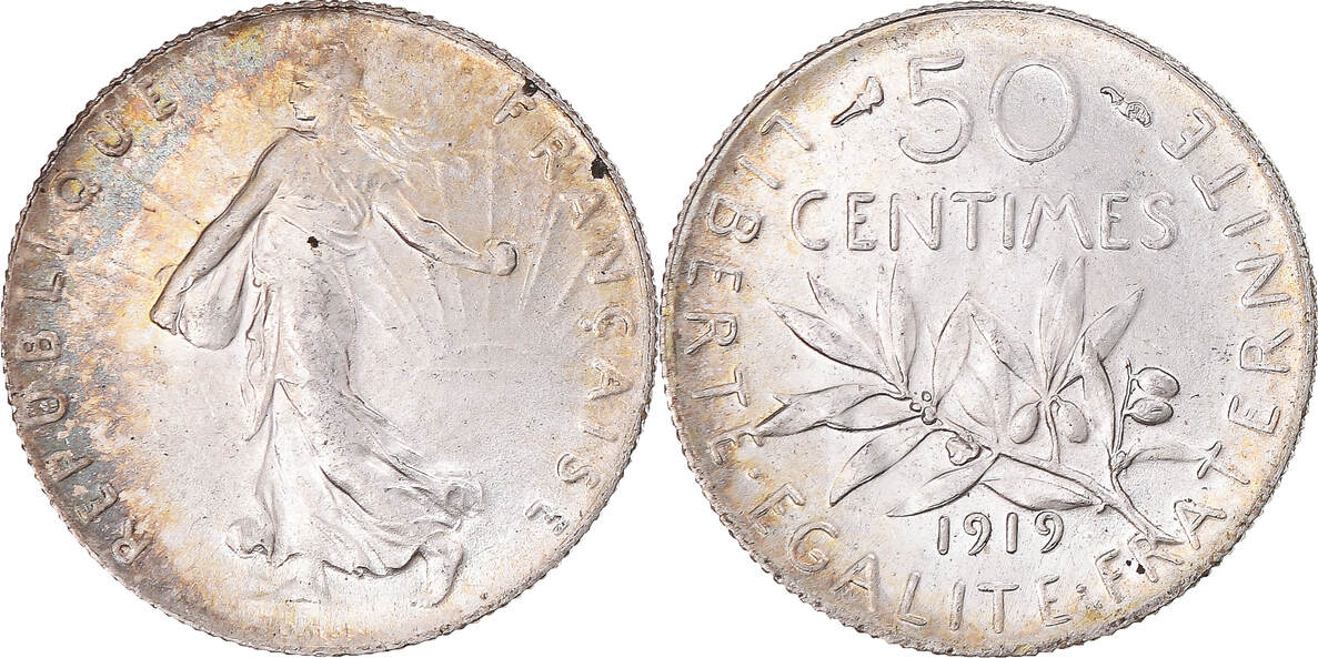 France 50 Centimes 1919 Paris Coin, Semeuse, Paris, Semeuse, Silver, KM:854 MS(63) | MA-Shops