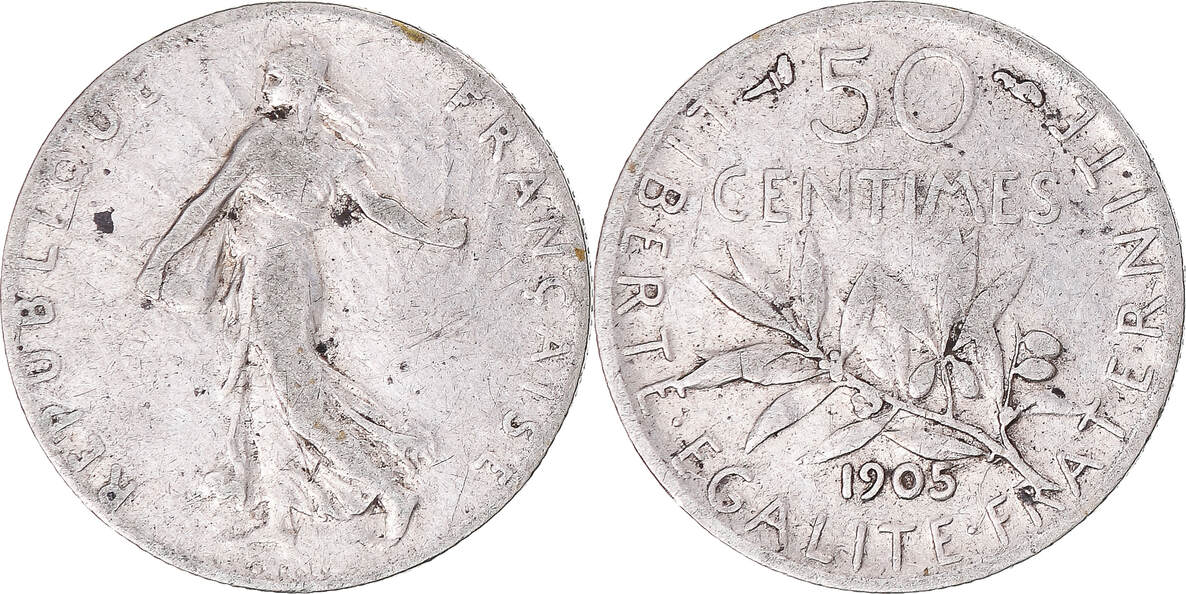 France 50 Centimes 1905 Paris Coin, Semeuse, Paris, Silver, KM:854 VF(20-25) | MA-Shops