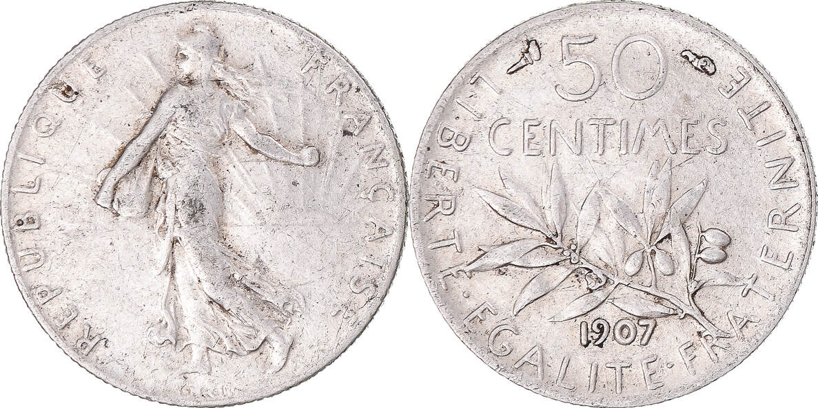 France 50 Centimes 1907 Paris Coin, Semeuse, Paris, Silver, KM:854 EF(40-45) | MA-Shops