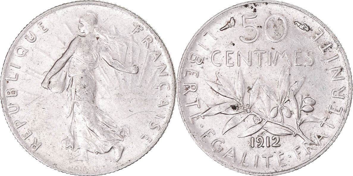 France 50 Centimes 1912 Paris Coin, Semeuse, Paris, Silver, KM:854 AU(55-58) | MA-Shops