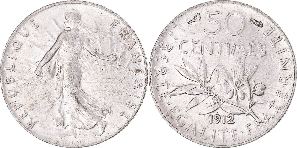 France 50 Centimes 1912 Paris Coin, Semeuse, Paris, Silver, KM:854 MS(60-62) | MA-Shops