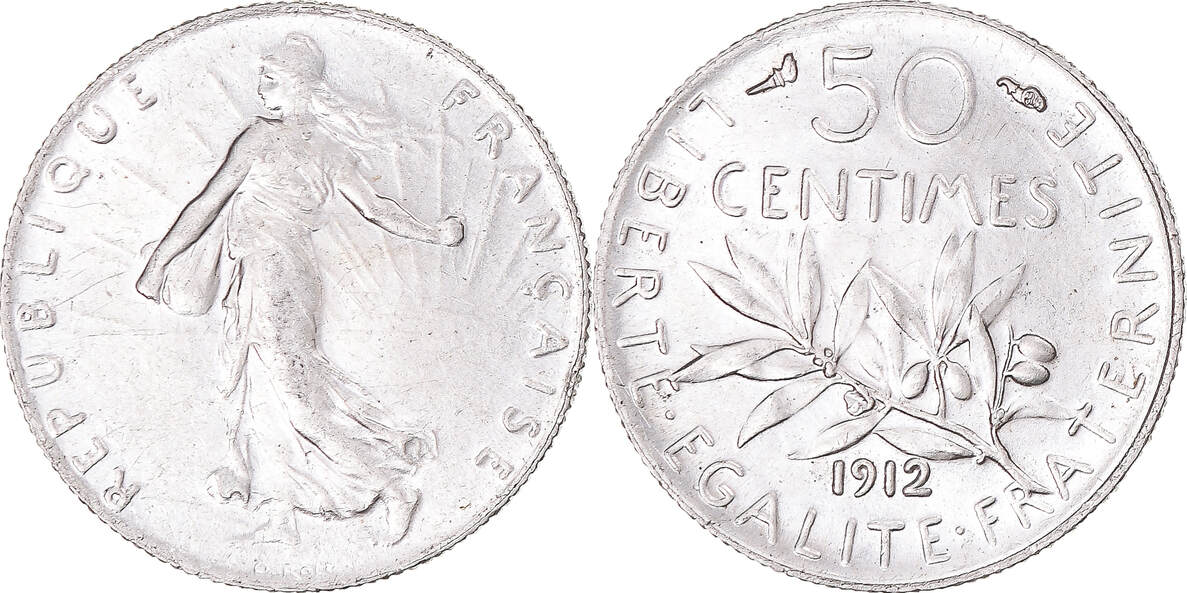 France 50 Centimes 1912 Paris Coin, Semeuse, Paris, Silver, KM:854 MS(63) | MA-Shops