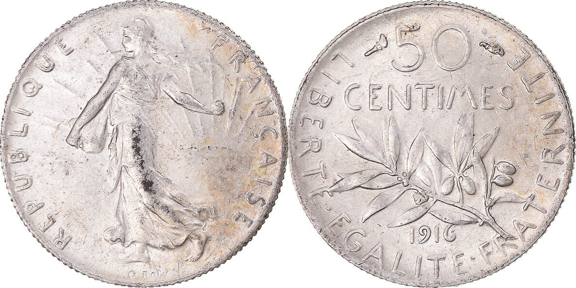 France 50 Centimes 1916 Paris Coin, Semeuse, Paris, Silver, KM:854 AU(55-58) | MA-Shops