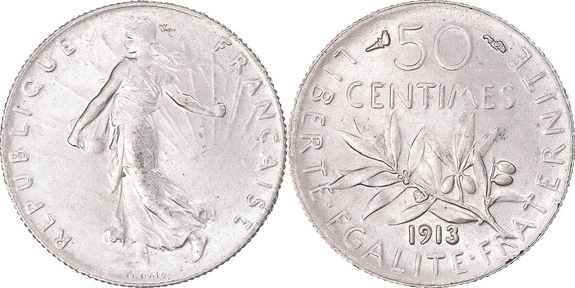 France 50 Centimes 1913 Paris Coin, Semeuse, Paris, Silver, KM:854 MS(63) | MA-Shops