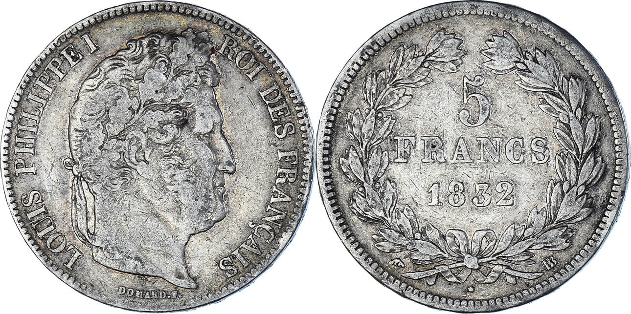 France 5 Francs 1832 BB Coin, Louis-Philippe, Strasbourg, Silver VF(30 ...