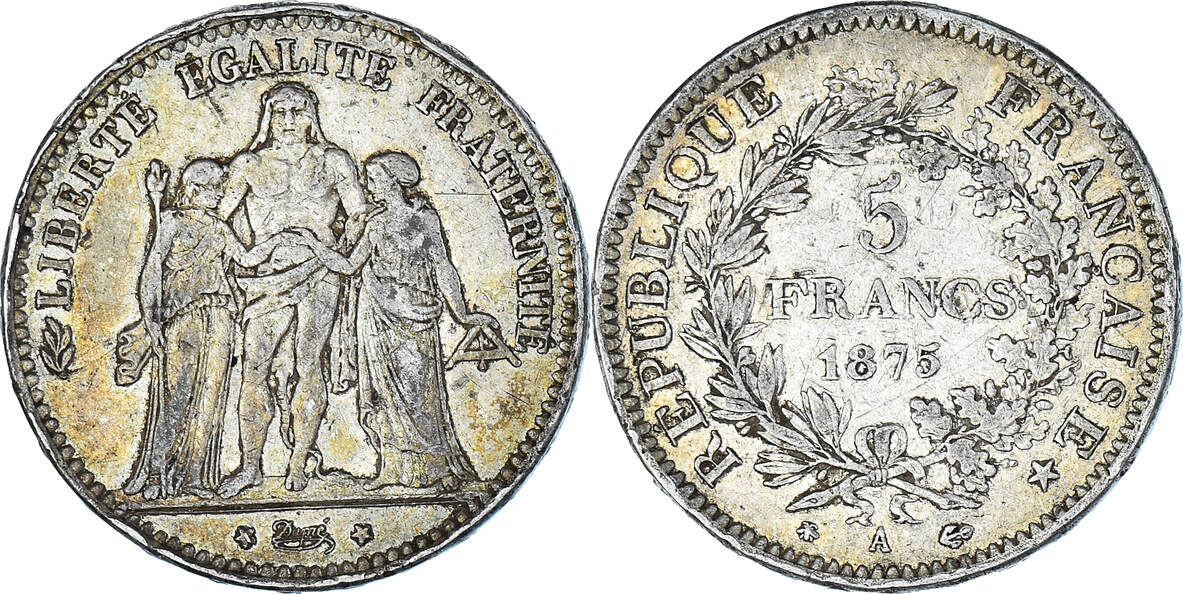 France 5 Francs 1875 A Coin, Hercule, Paris, Silver, KM:820.1 VF(30-35 ...