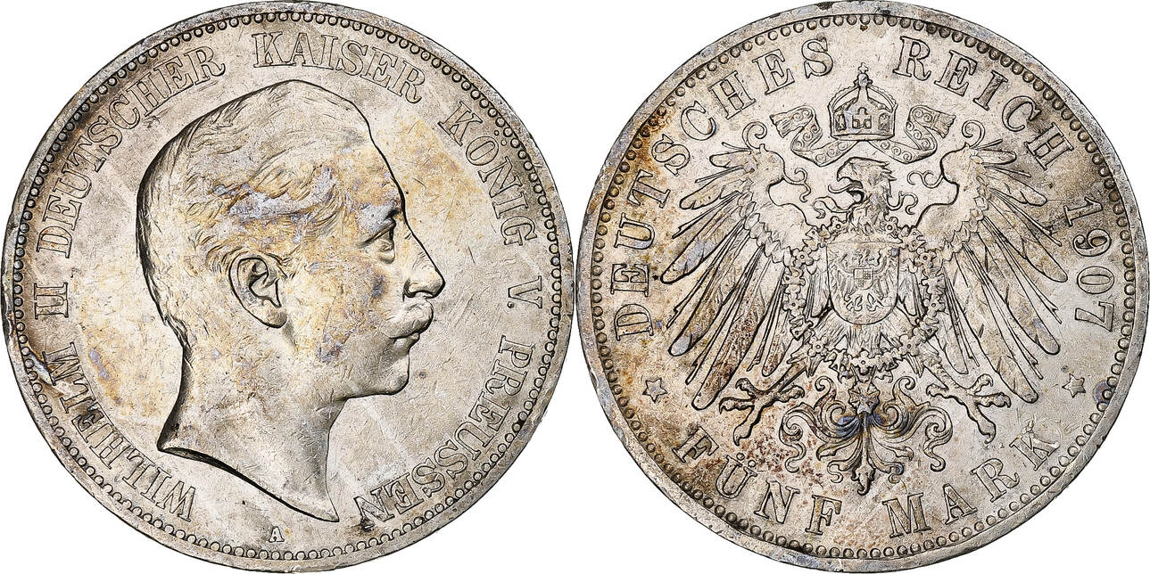 German States 5 Mark 1907 A PRUSSIA, Wilhelm II, Berlin, Silver AU(50 ...