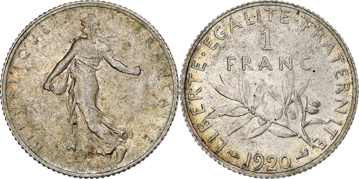 France Franc 1920 Paris Semeuse, Paris, MS(60-62), Silver, KM:844.1, Gadoury:467 MS(63) | MA-Shops