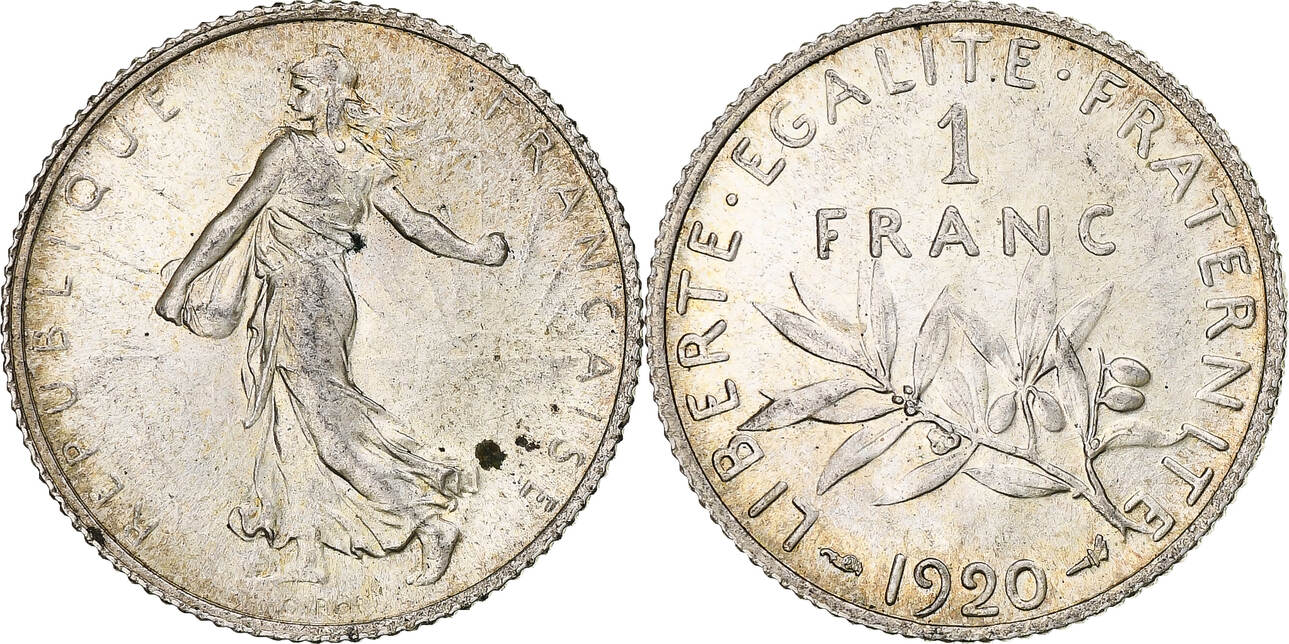 France Franc 1920 Paris Semeuse, Paris, Silver, KM:844.1, Gadoury:467 MS(63) | MA-Shops