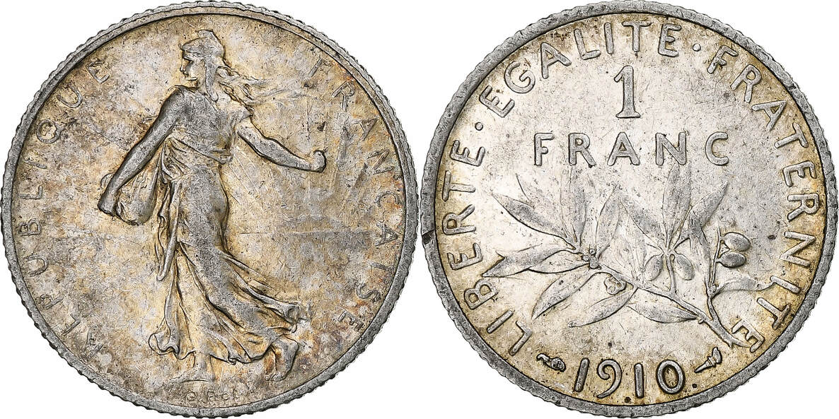 France Franc 1910 Paris Semeuse, Paris, Silver, Gadoury:467, KM:844.1 AU(50-53) | MA-Shops