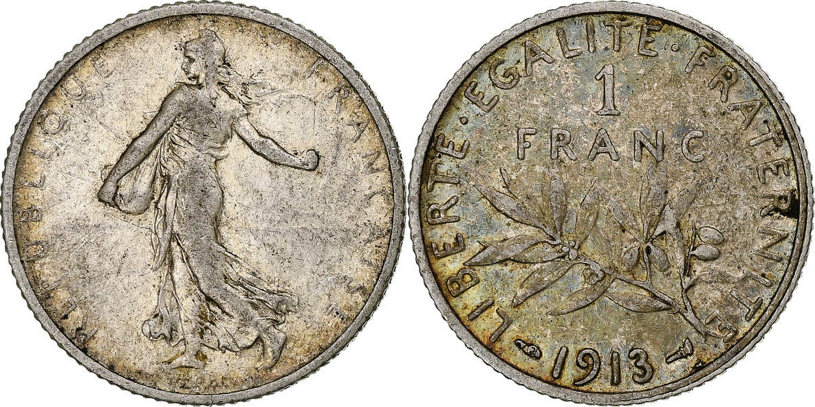 France Franc 1913 Paris Semeuse, Paris, Silver, KM:844.1, Gadoury:467 AU(55-58) | MA-Shops