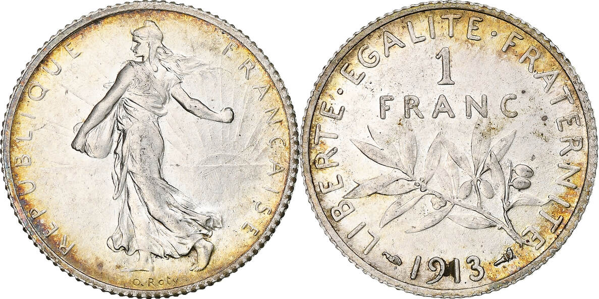 France Franc 1913 Paris Semeuse, Paris, Silver, KM:844.1, Gadoury:467 AU(55-58) | MA-Shops