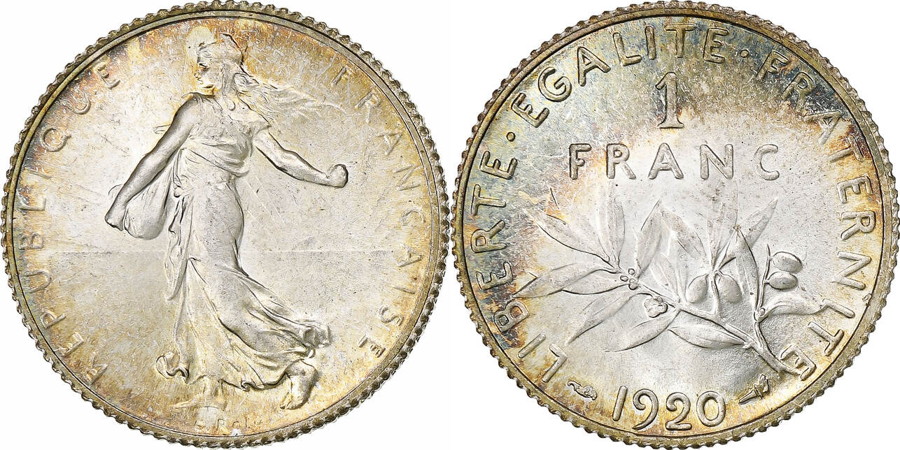 France Franc 1920 Paris Semeuse, Paris, Silver, KM:844.1, Gadoury:467 MS(65-70) | MA-Shops