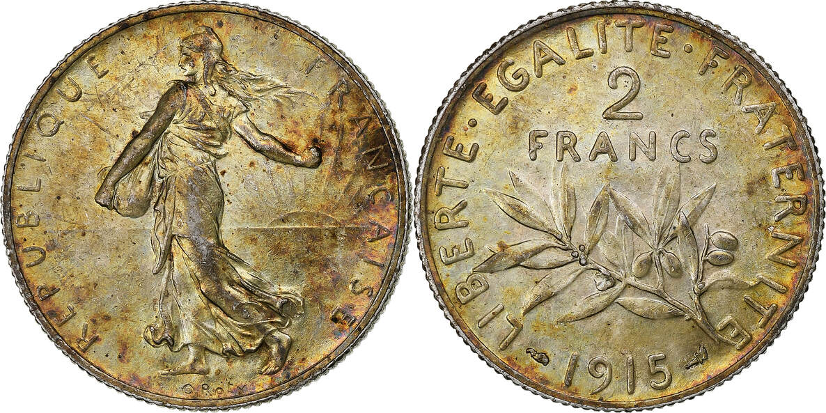 France 2 Francs 1915 Paris Semeuse, Paris, Silver, KM:845.1, Gadoury:532 MS(64) | MA-Shops