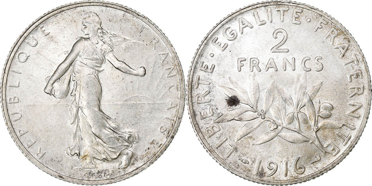 France 2 Francs 1916 Paris Semeuse, Paris, Silver, KM:845.1, Gadoury:532 MS(64) | MA-Shops