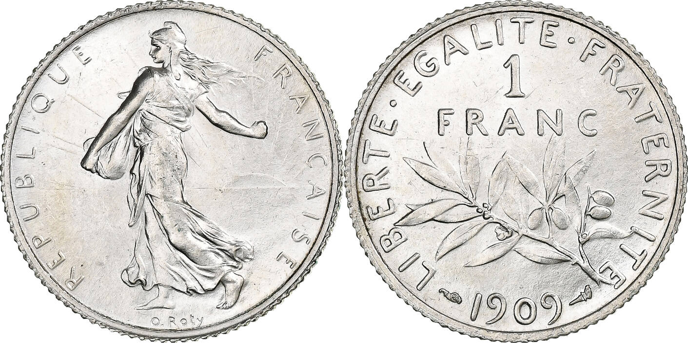 France Franc 1909 Paris Semeuse, Paris, Silver, Gadoury:467, KM:844.1 MS(63) | MA-Shops