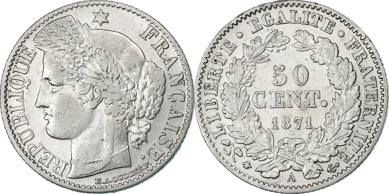 France 50 Centimes 1871 A Coin, Cérès, Paris, Silver, KM:834.1 AU(50-53) | MA-Shops