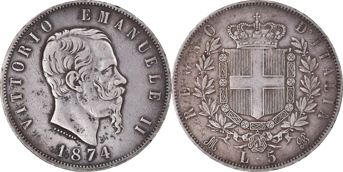 Italy 5 Lire 1874 M Coin, Vittorio Emanuele II, Milan, Silver VF(30-35 ...