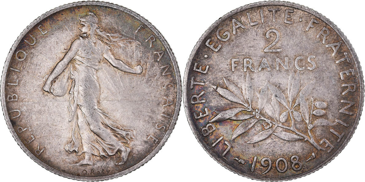 France 2 Francs 1908 Paris Coin, Semeuse, Paris, Silver, KM:845.1 AU(50-53) | MA-Shops