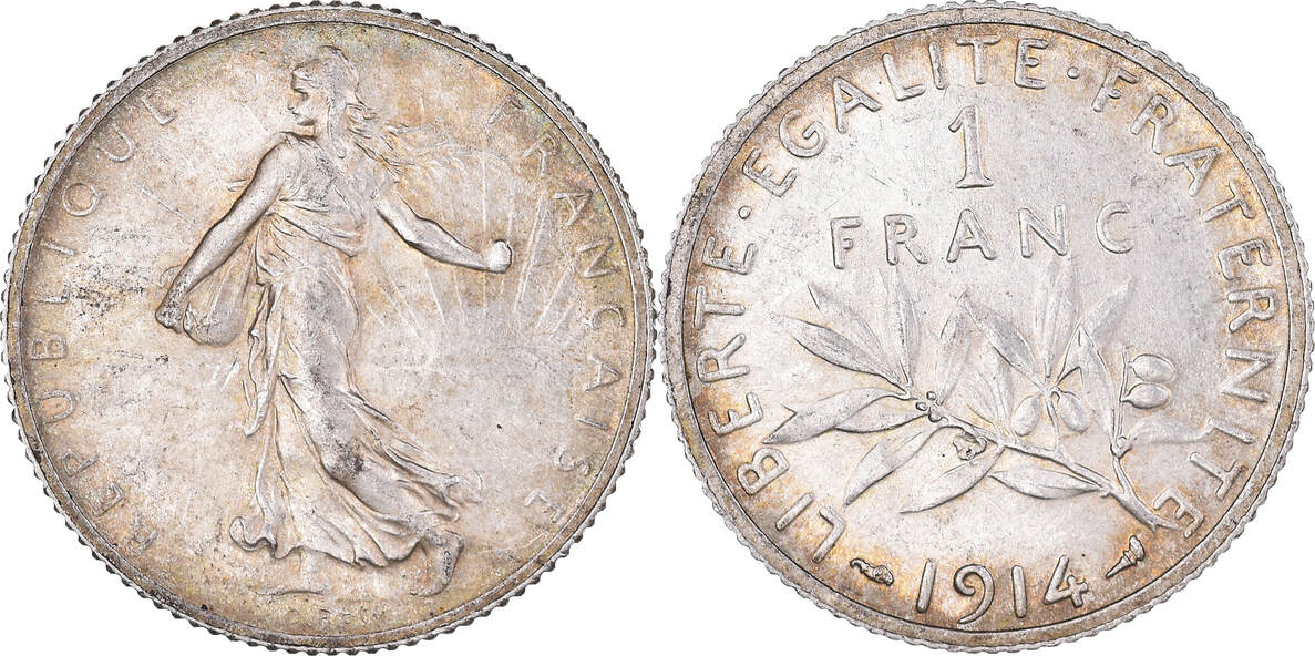 France Franc 1914 Paris Coin, Semeuse, Paris, Silver, KM:844.1 MS(60-62) | MA-Shops