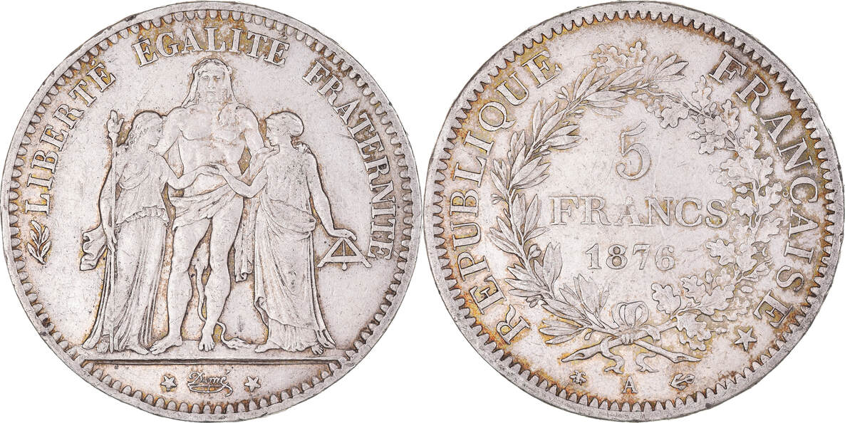 France 5 Francs 1876 A Coin, Hercule, Paris, Silver, KM:820.1 EF(40-45 ...