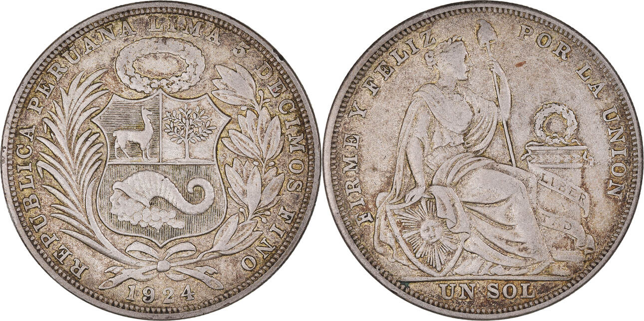 Peru Sol 1924 Philadelphia Philadelphia, Silver, KM:218.1 EF(40-45 ...