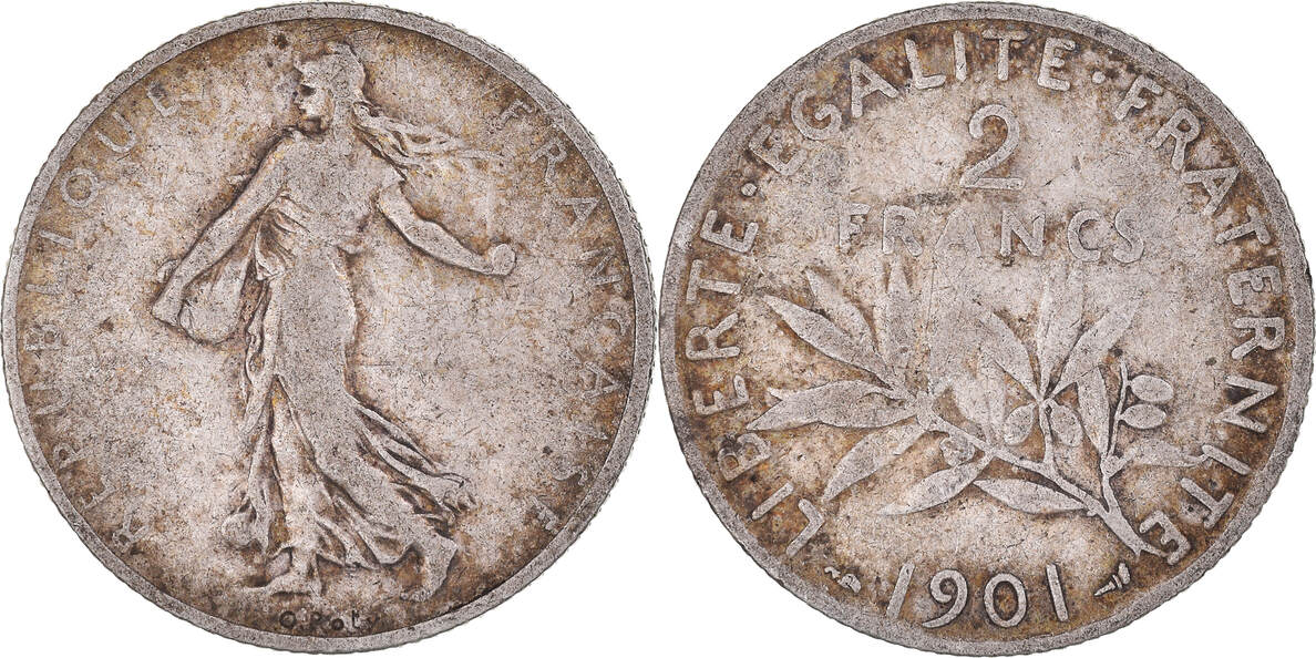 France 2 Francs 1901 Paris Coin, Semeuse, Paris, Silver, KM:845.1 VF(30-35) | MA-Shops