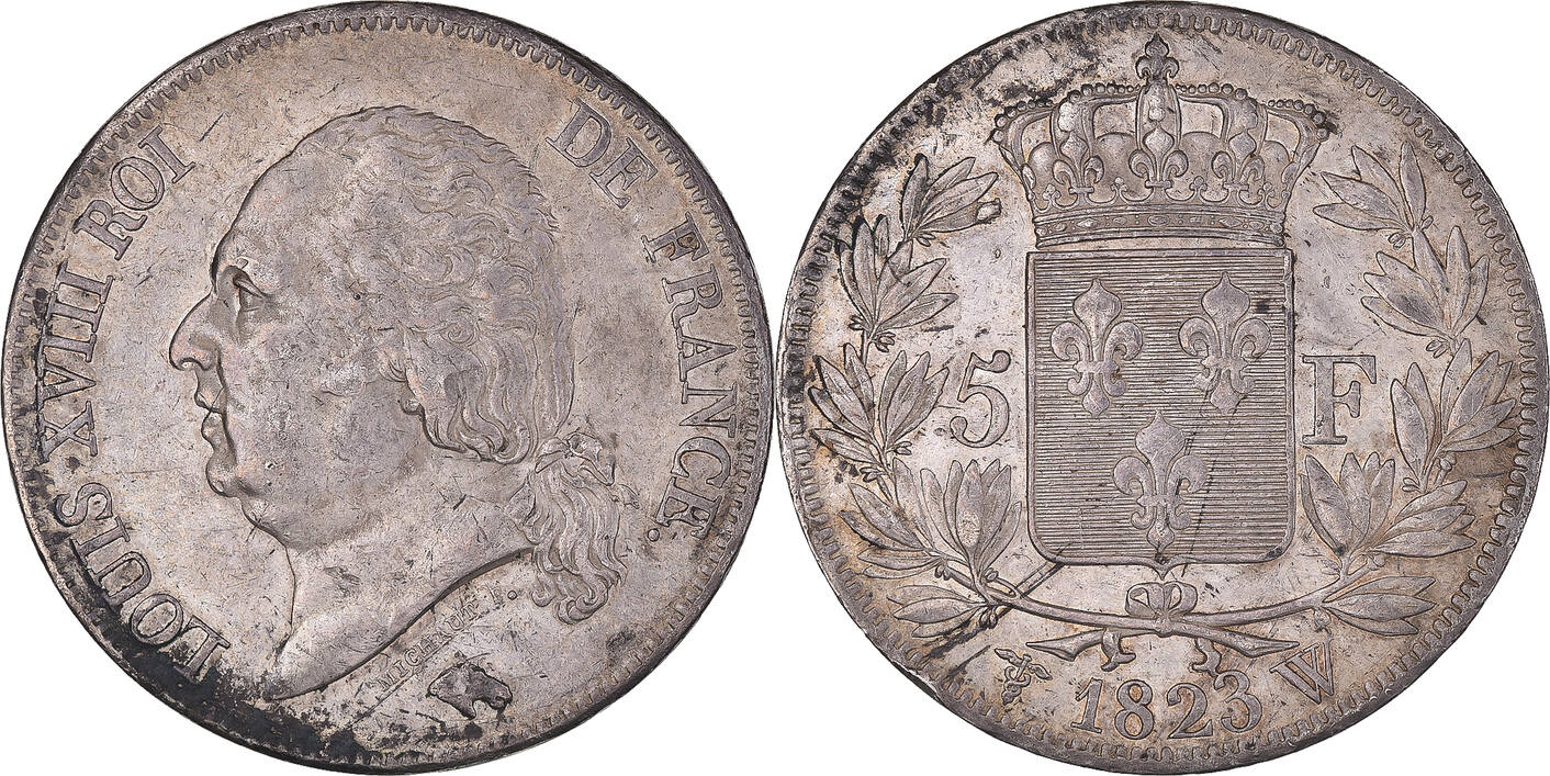 France 5 Francs 1823 W Coin, Louis XVIII, Louis XVIII, Lille EF(40-45 ...