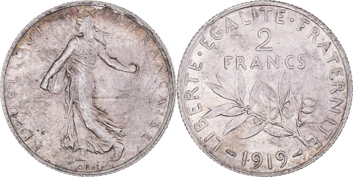 France 2 Francs 1919 Paris Coin, Semeuse, Paris, Silver, KM:845.1 AU(55 ...