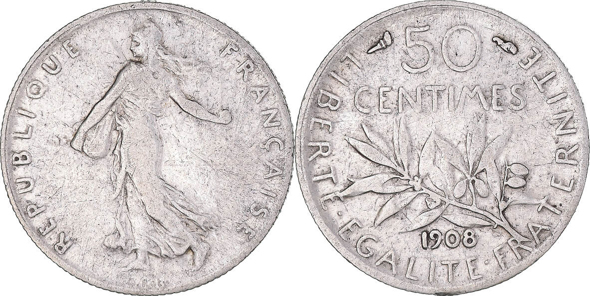 France 50 Centimes 1908 Paris Coin, Semeuse, Paris, Silver, KM:854 VF(20-25) | MA-Shops