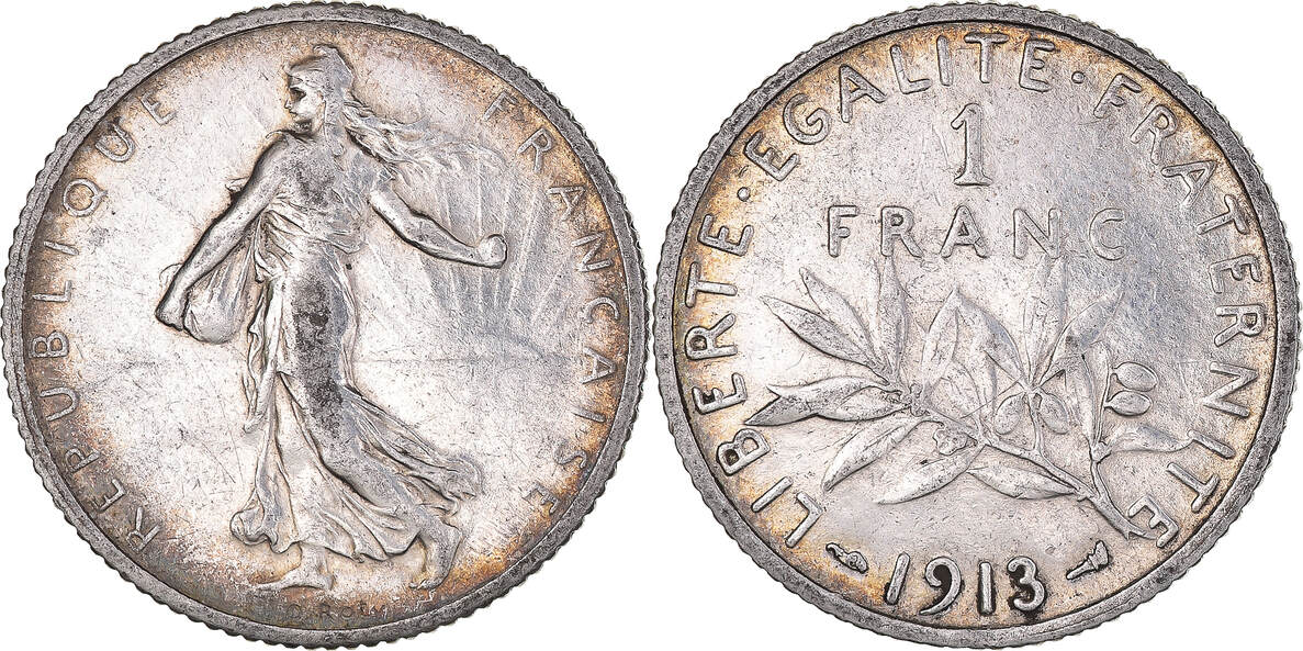 France Franc 1913 Paris Coin, Semeuse, Paris, Silver, KM:844.1 EF(40-45) | MA-Shops