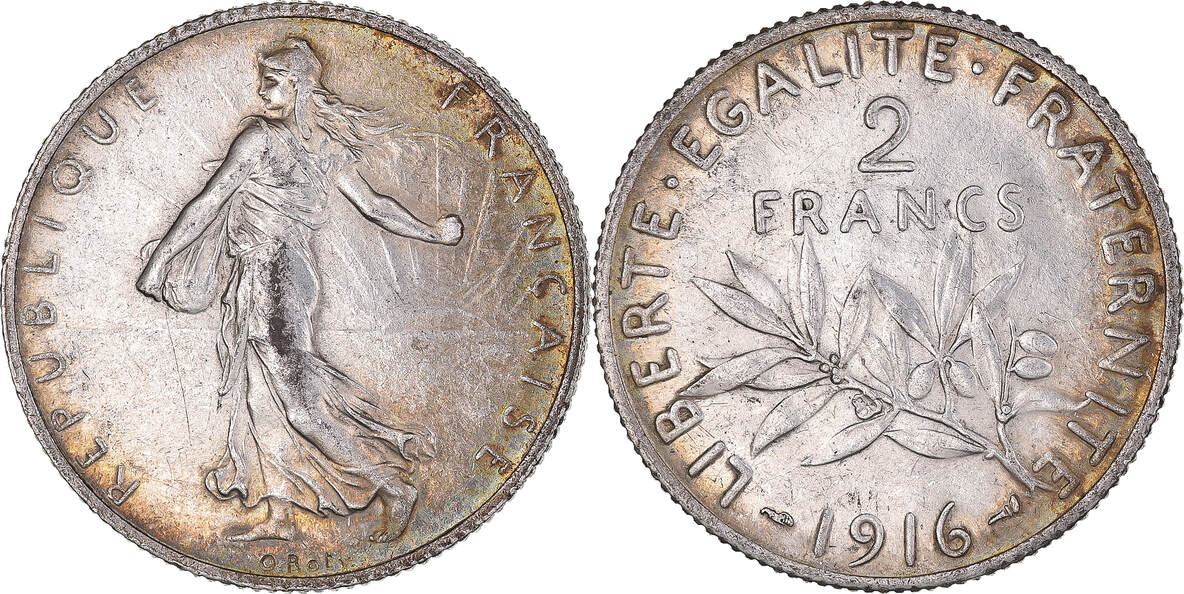France 2 Francs 1916 Paris Coin, Semeuse, Paris, Silver, KM:845.1 AU(50-53) | MA-Shops