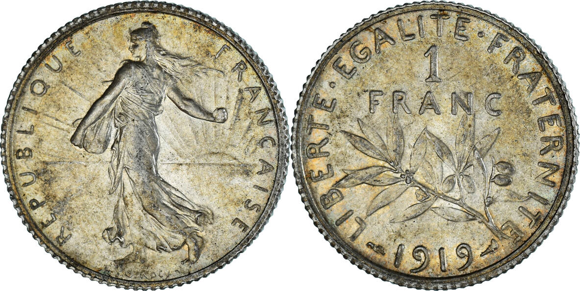 France Franc 1919 Paris Coin, Semeuse, Paris, Silver, KM:844.1 AU(55-58) | MA-Shops