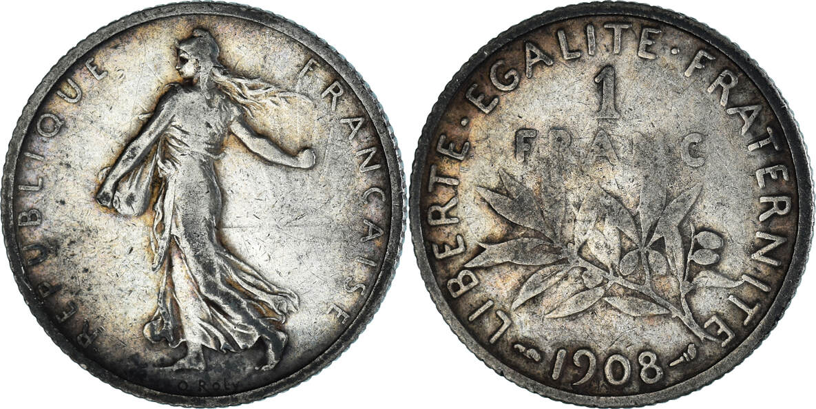 France Franc 1908 Paris Coin, Semeuse, Silver, Gadoury:467 VF(30-35) | MA-Shops