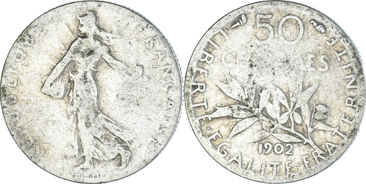 France 50 Centimes 1902 Paris Coin, Semeuse, Paris, Silver, KM:854 VF(30-35) | MA-Shops