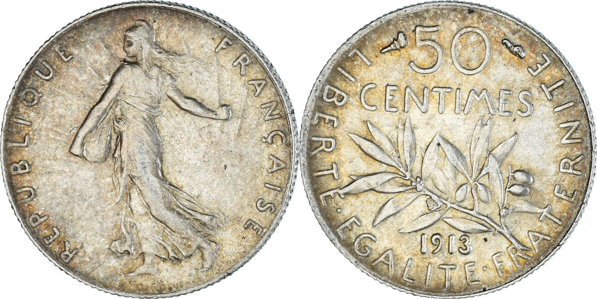France 50 Centimes 1913 Paris Coin, Semeuse, Silver, Gadoury:420 AU(55-58) | MA-Shops