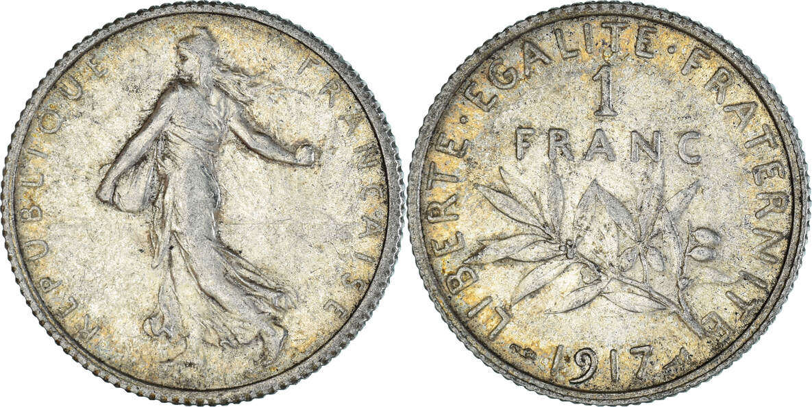 France Franc 1917 Paris Coin, Semeuse, Paris, Silver, KM:844.1 AU(55-58) | MA-Shops