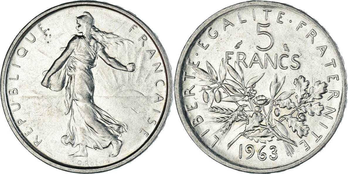 France 5 Francs 1963 Paris Coin, Semeuse, Paris, Silver, KM:926 MS(60-62) | MA-Shops