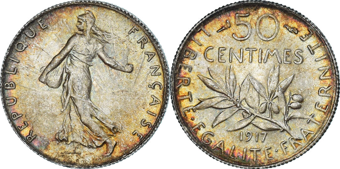 France 50 Centimes 1917 Paris Coin, Semeuse, Paris, Silver, KM:854 AU ...