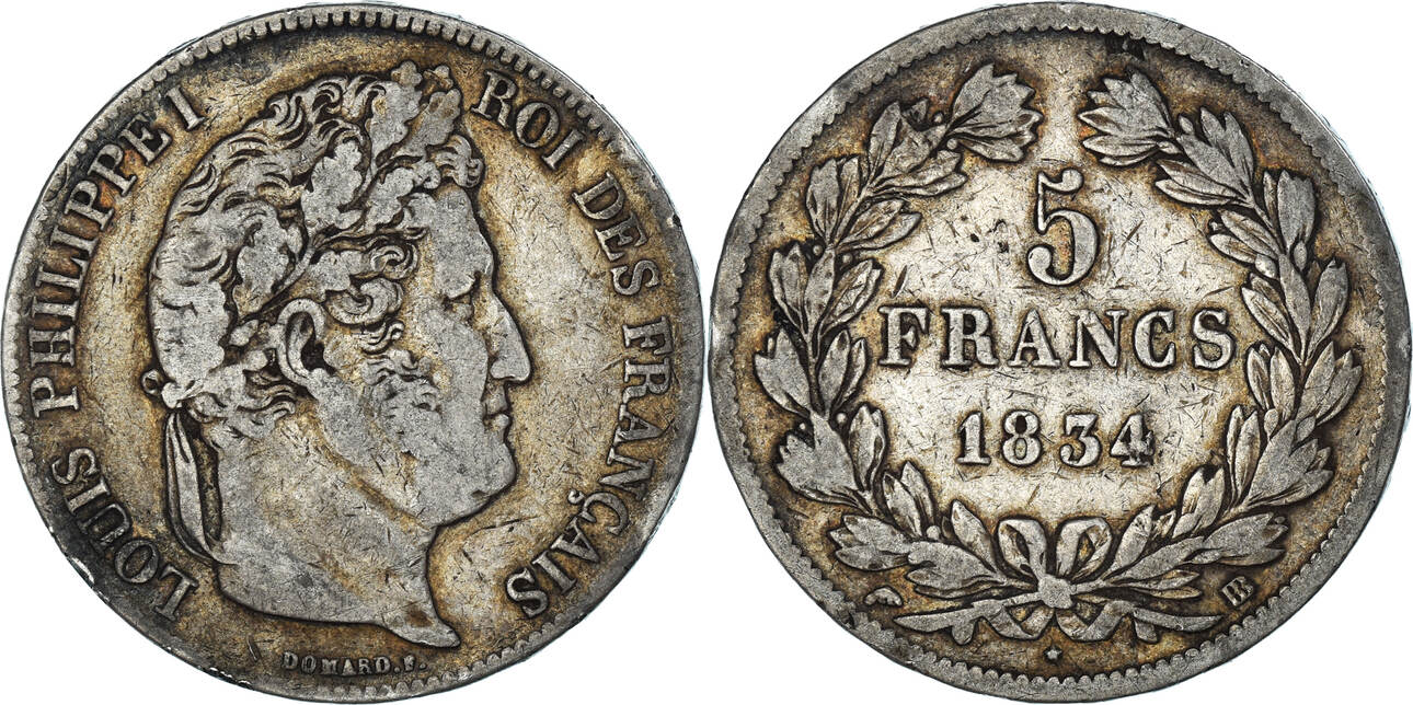 France 5 Francs 1834 BB Coin, Louis-Philippe, Strasbourg, Silver VF(30 ...