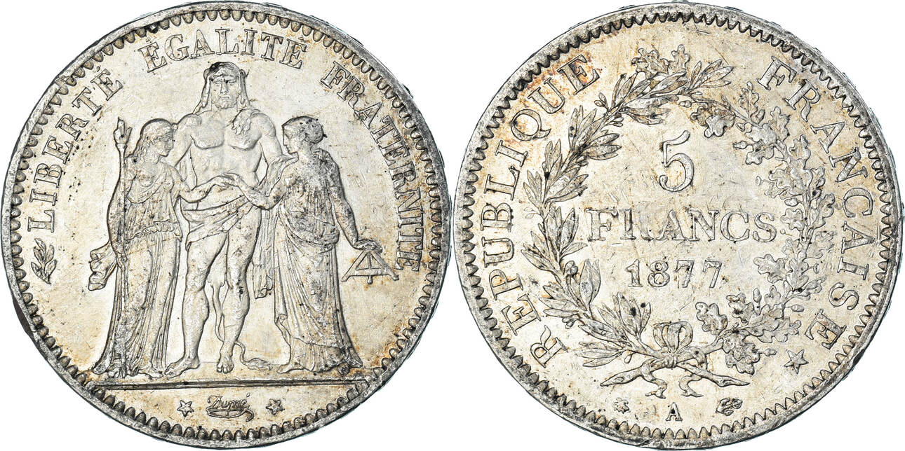France 5 Francs 1877 A Coin, Hercule, Paris, Silver, KM:820.1 EF(40-45 ...