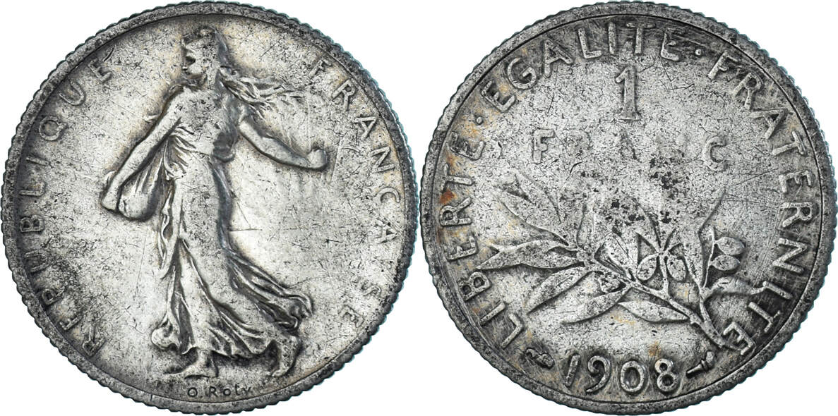 France Franc 1908 Paris Coin, Semeuse, Paris, Silver, KM:844.1 VF(20-25) | MA-Shops