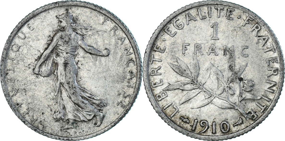 France Franc 1910 Paris Coin, Semeuse, Paris, Silver, KM:844.1 EF(40-45) | MA-Shops